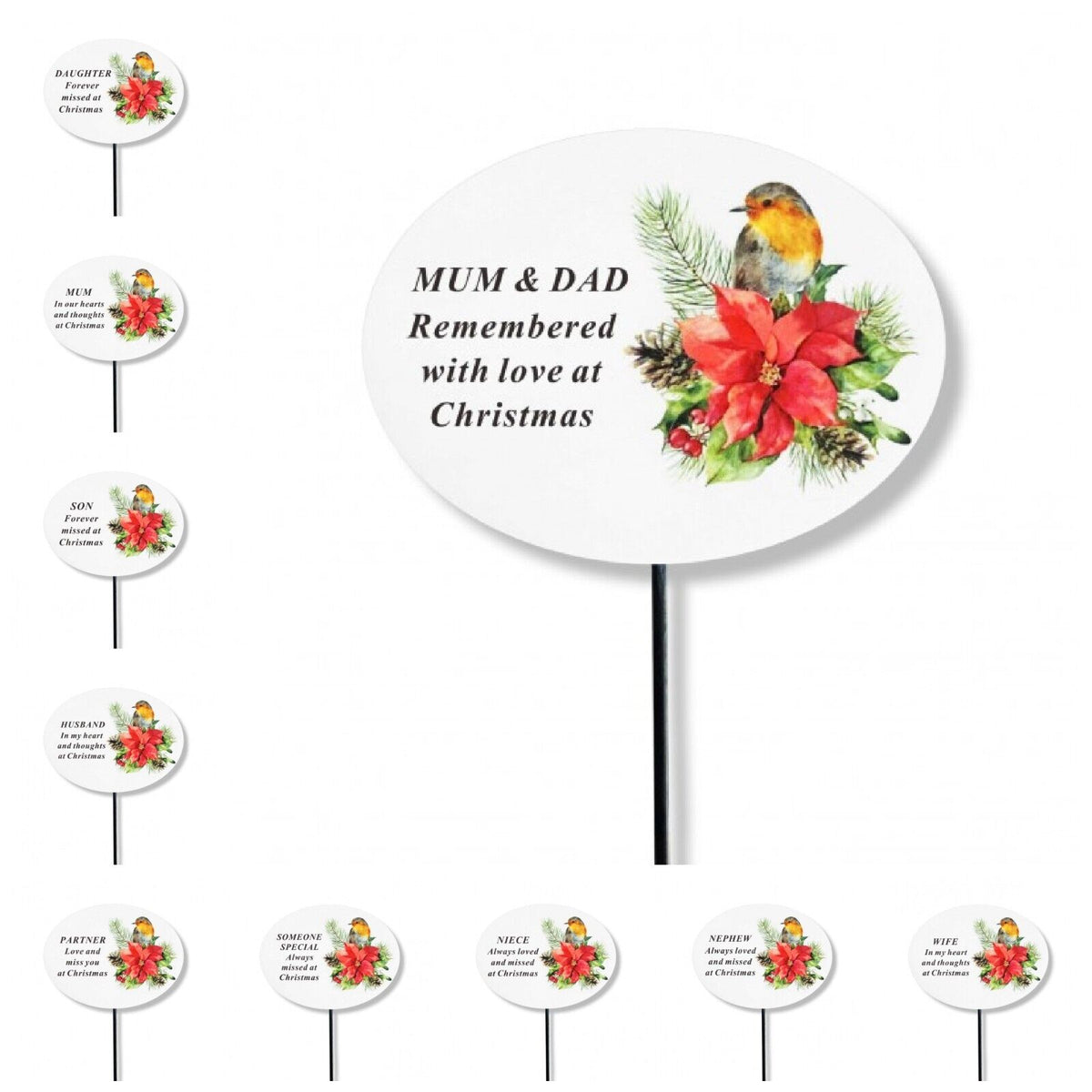 White Christmas Robin Poinsettia Memorial Stick Xmas Tribute Spike Gra ...