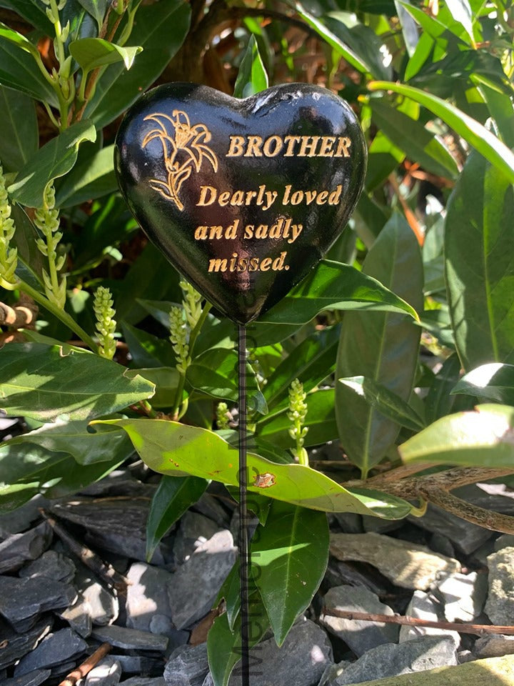 Brother - Black & Gold Resin Memorial Lily Heart Stick Stake Graveside ...